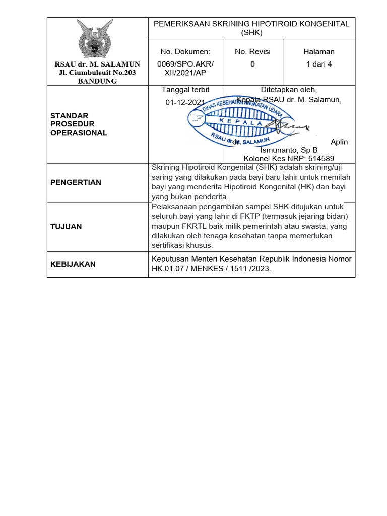 Spo Pemeriksaan Skrining Hipotiroid Kongenital (SHK) | PDF Spo Pemeriksaan Skrining Hipotiroid Kongenital (SHK) | PDF