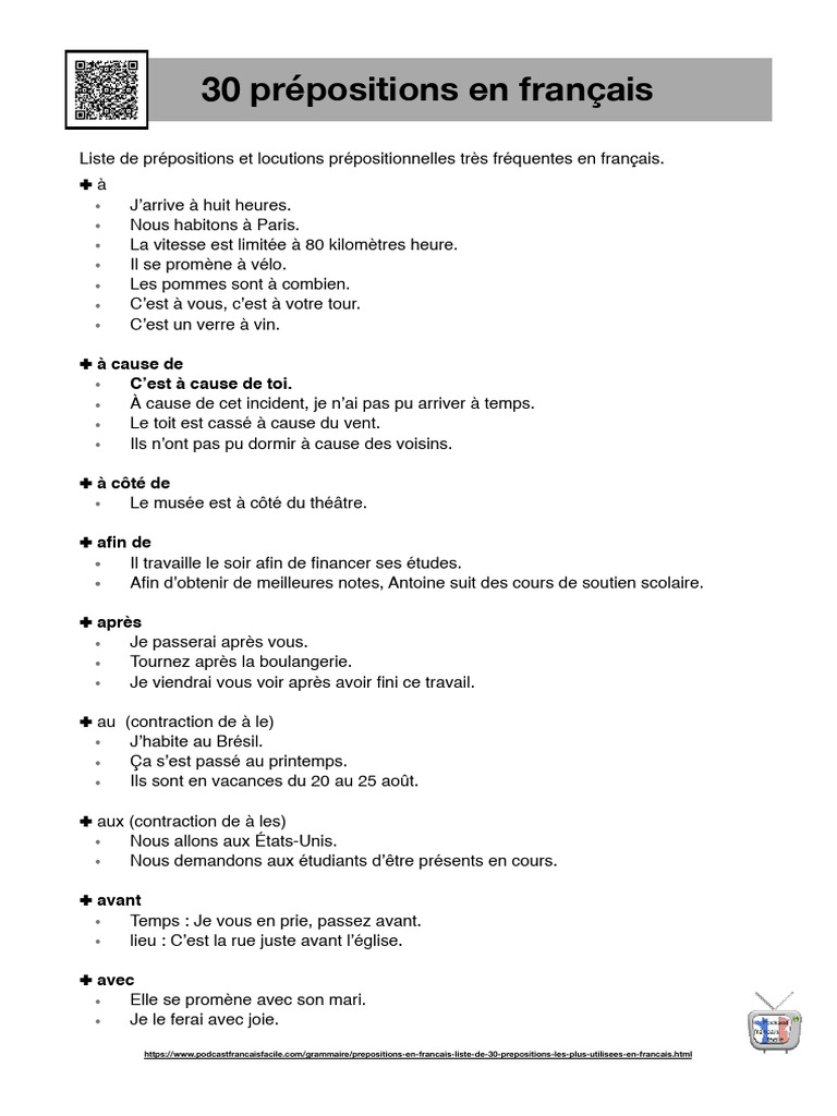 Liste des prépositions en français | PDF | Arts du langage et ...