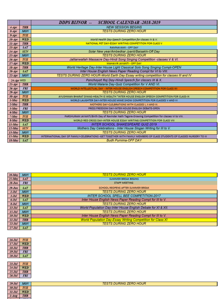 School Events & Holidays 2018-19 | PDF | Microsoft Excel
