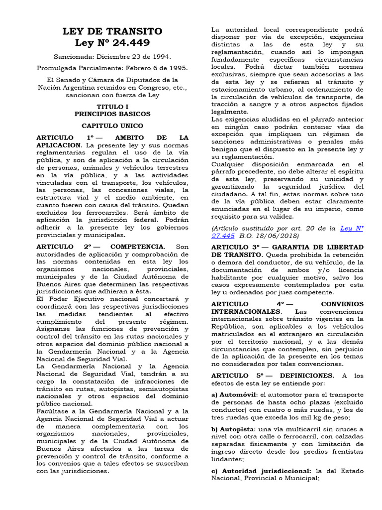 Ley 24.449 - TRANSITO | PDF | Licencia de conducir | Calle