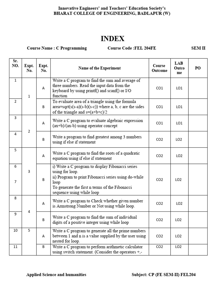 Index: Sr. NO. Expt. No. Expt. No. Name of The Experiment Course Outcome LAB Outco Me PO | PDF ...
