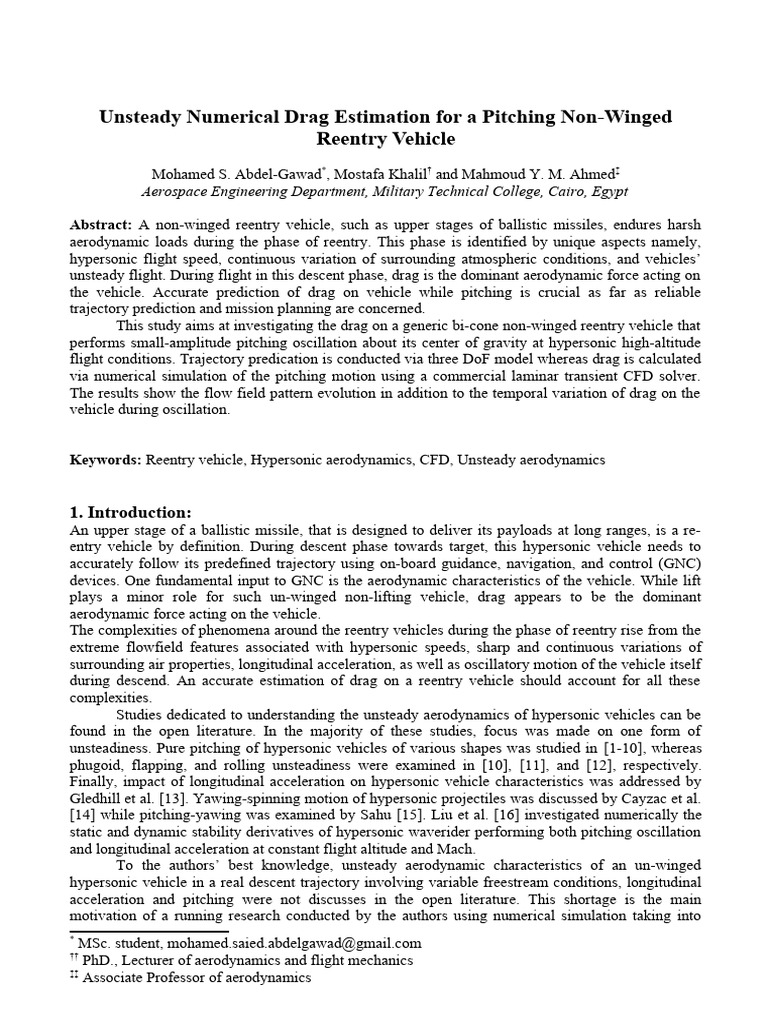 Unsteady Numerical Drag Estimation For A Pitching Non-Winged Reentry ...