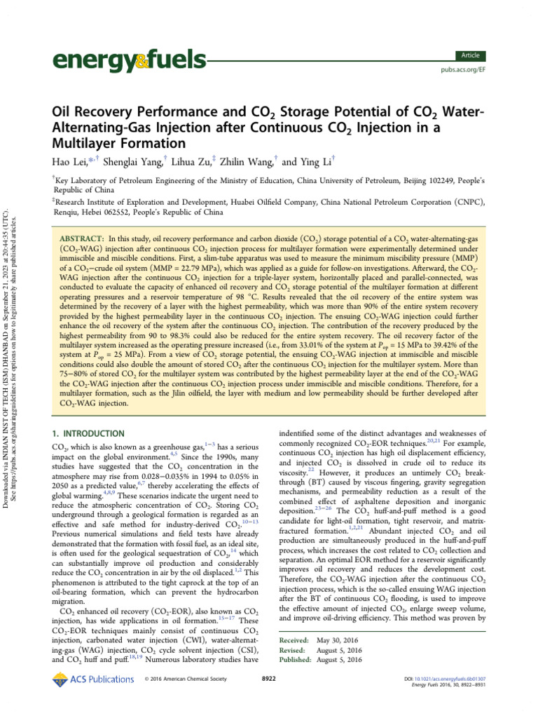 Acs Energyfuels 6b01307 | PDF | Enhanced Oil Recovery | Carbon Dioxide
