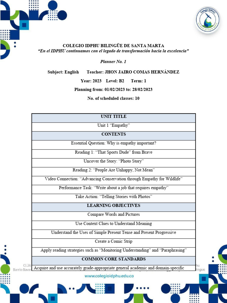 Planner #1 B2 Level 2023 | PDF | Reading Comprehension | Cognition