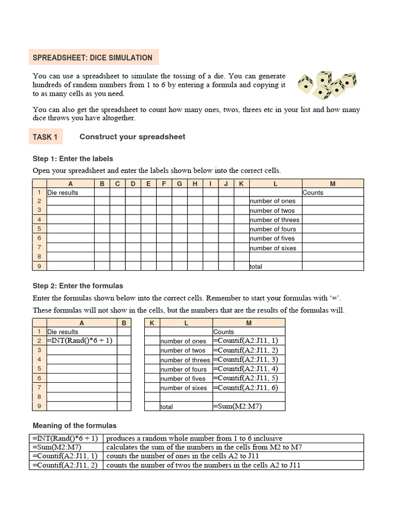 Spreadsheet Dice Simulation | PDF | Spreadsheet | Mathematics