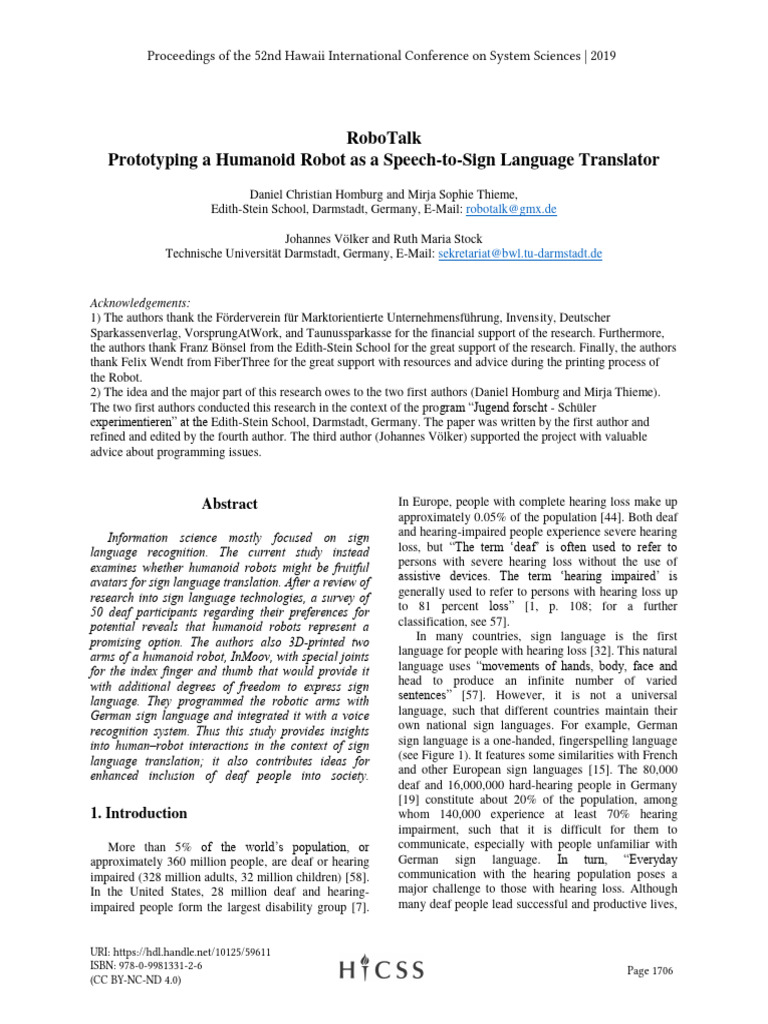 Robotalk Prototyping A Humanoid Robot As A Speech-To-Sign Language Translator | PDF | Sign ...