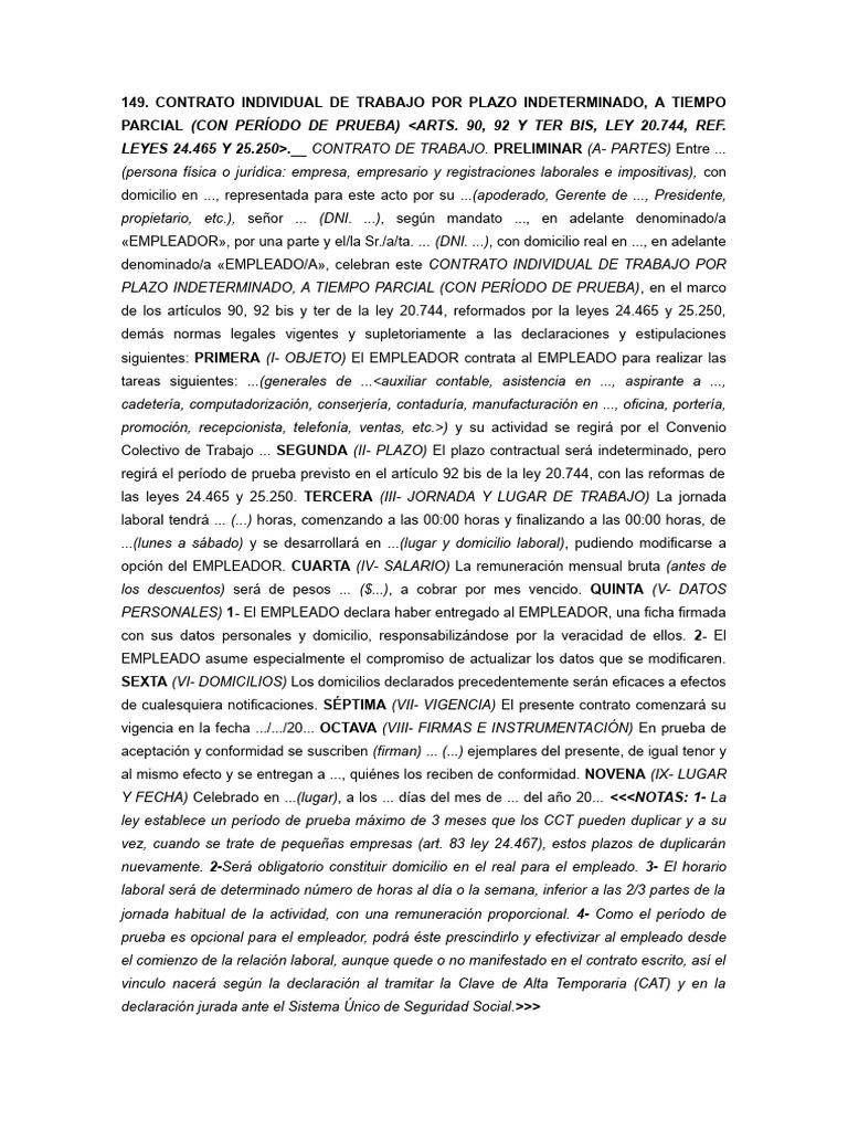 Contrato Individual de Trabajo Por Plazo Indeterminado, A Tiempo Parcial (Con Periodo de Prueba ...