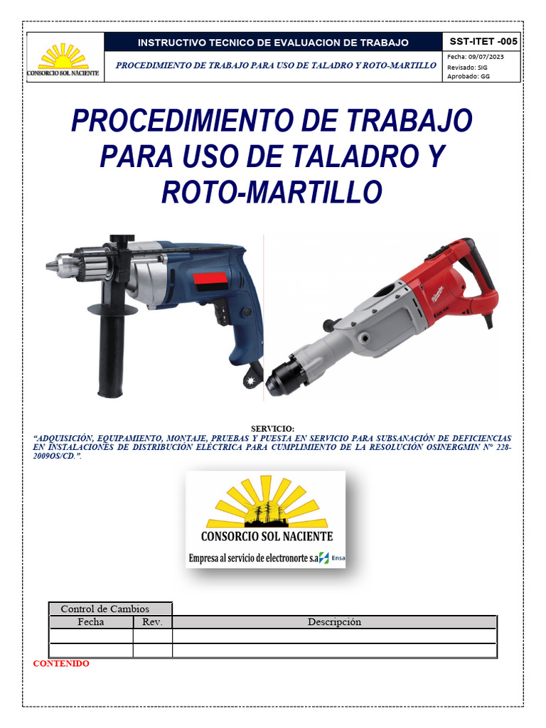 Sst-005-Procedimmiento de Trabajo Para Uso de Taladro y Roto Martillo | PDF | Perforar | Martillo