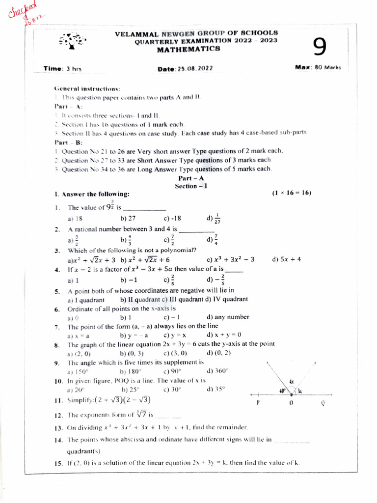 Gr.9 Maths Quarterly Exam QP & Key Ans. 25. 8.2022, Thursday | PDF | Elementary Mathematics ...