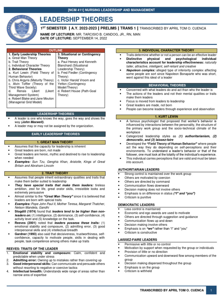 (NCM 411-P) Trans 1 - Leadership Theories | PDF | Leadership | Psychology