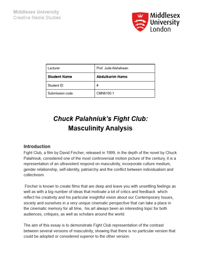 Fight Club: A Masculinity Analysis | PDF | Masculinity | Gender