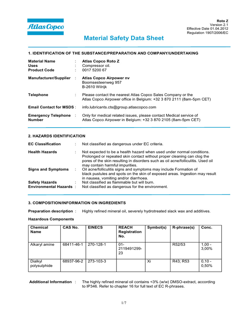 Material Safety Data Sheet - Atlas Copco | PDF | Toxicity | Waste ...