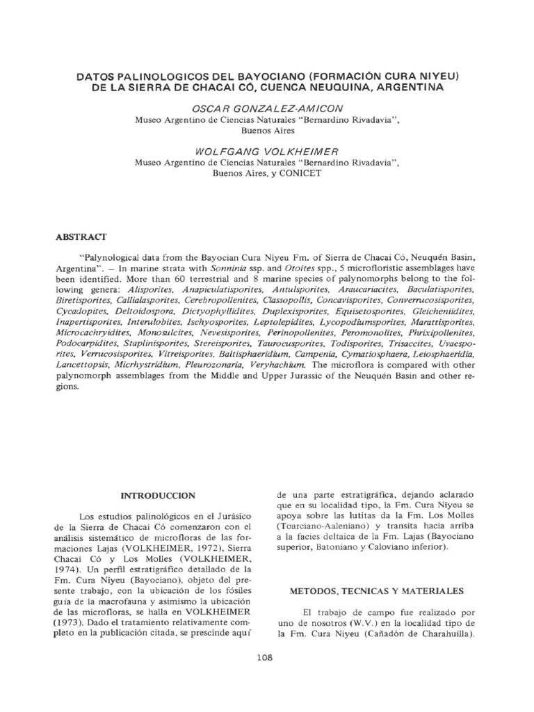 Palinología FM Cura Niyeu (Gonzalez Amicón y Volkheimer, 1982) | PDF ...
