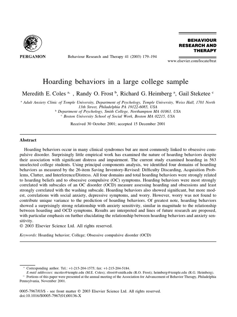 Hoarding Behaviors in A Large College Sa | PDF | Compulsive Hoarding ...