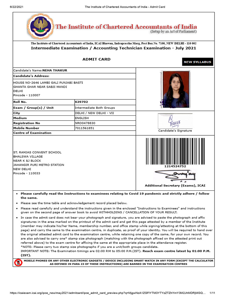 The Institute of Chartered Accountants of India - Admit Card NEHA | PDF ...