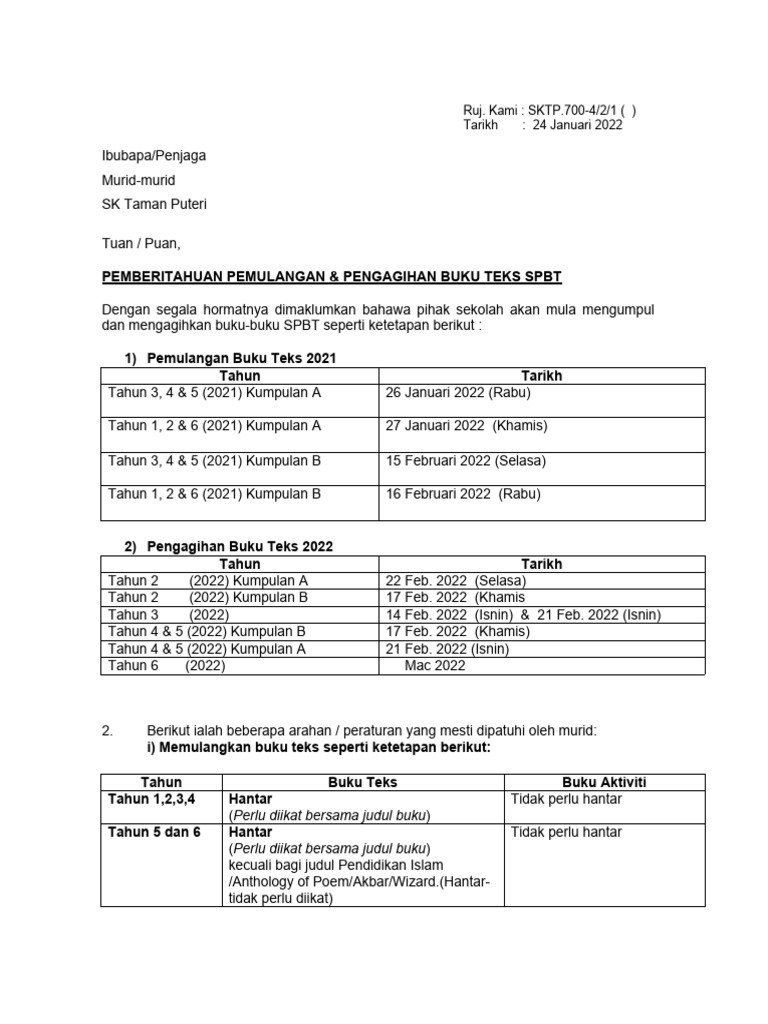 Surat Makluman SPBT 2021dan2022 | PDF