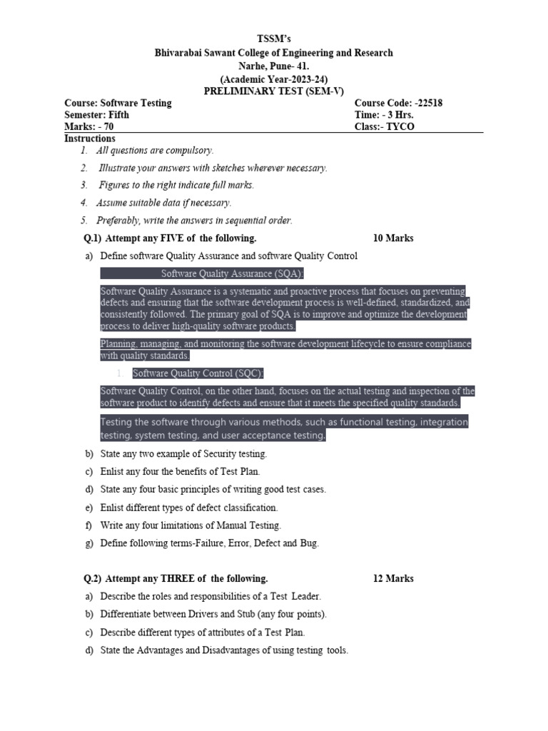 STE Priliumary Question Paper | PDF | Software Testing | Software Quality