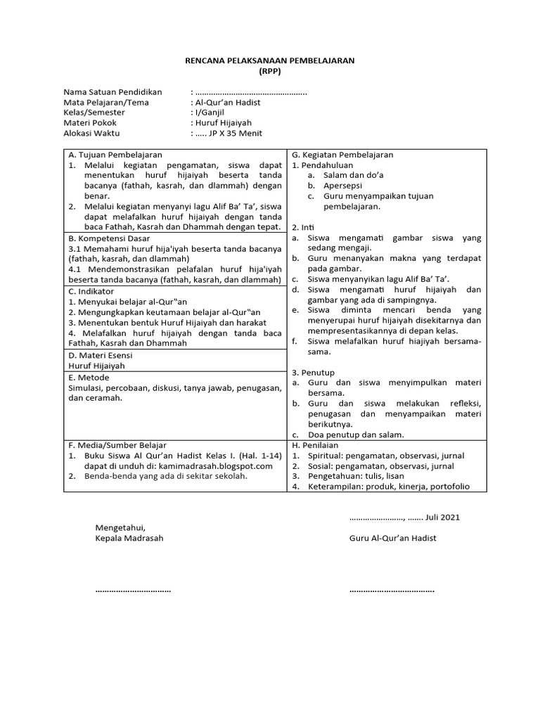RPP Qurdis Kelas 1 | PDF
