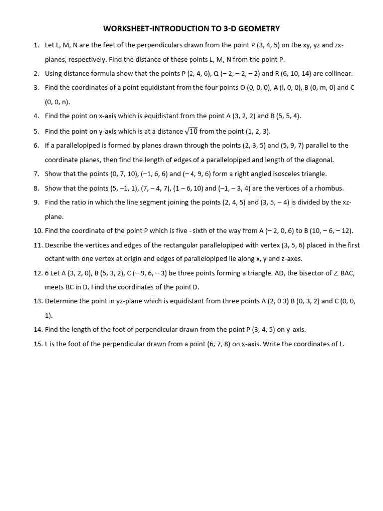Worksheet-Introduction To 3-D Geometry | PDF