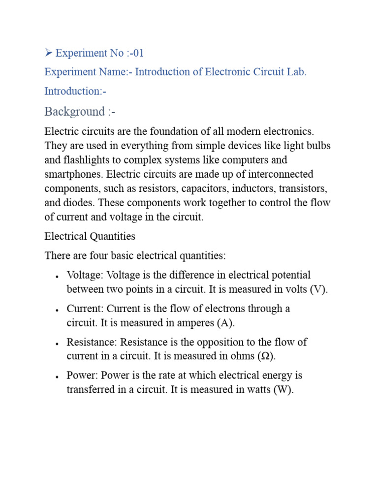 Experiment No 1 Introduction Electric Circuit Lab | PDF