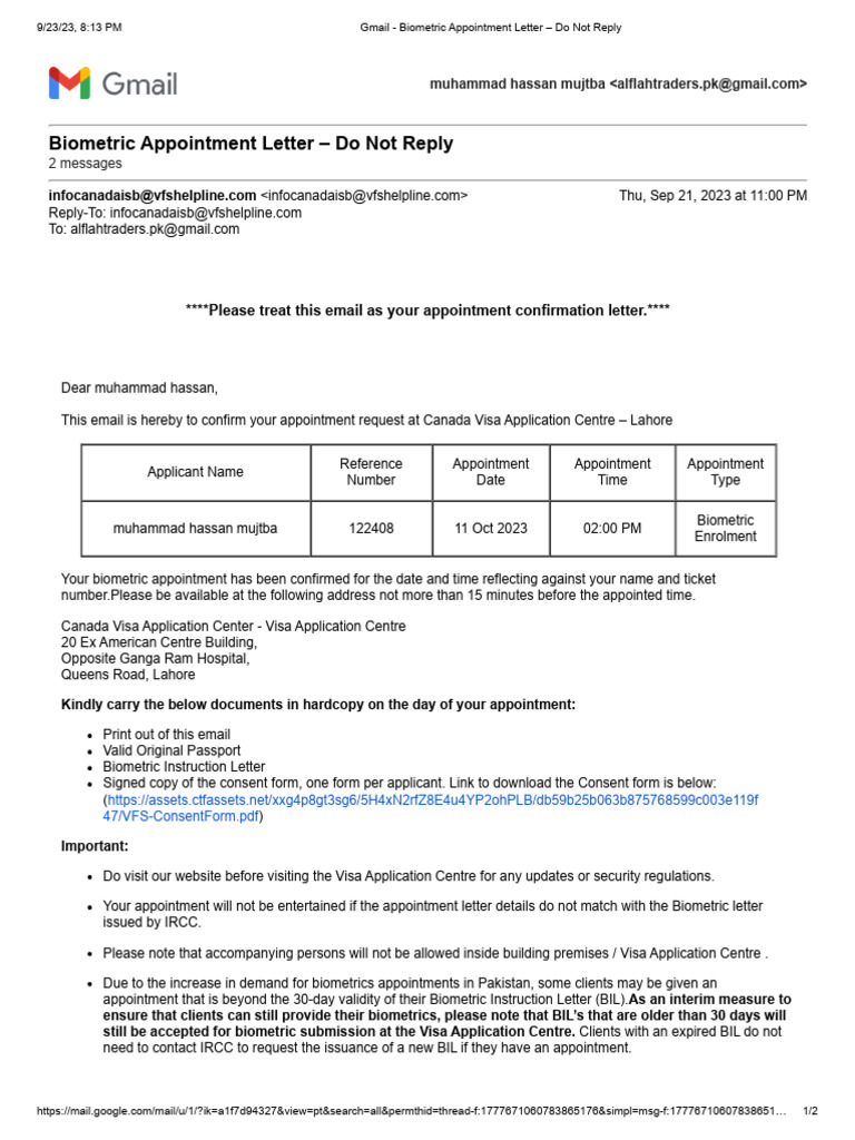 Gmail Biometric Appointment Letter | PDF | Travel Visa | Cultural ...