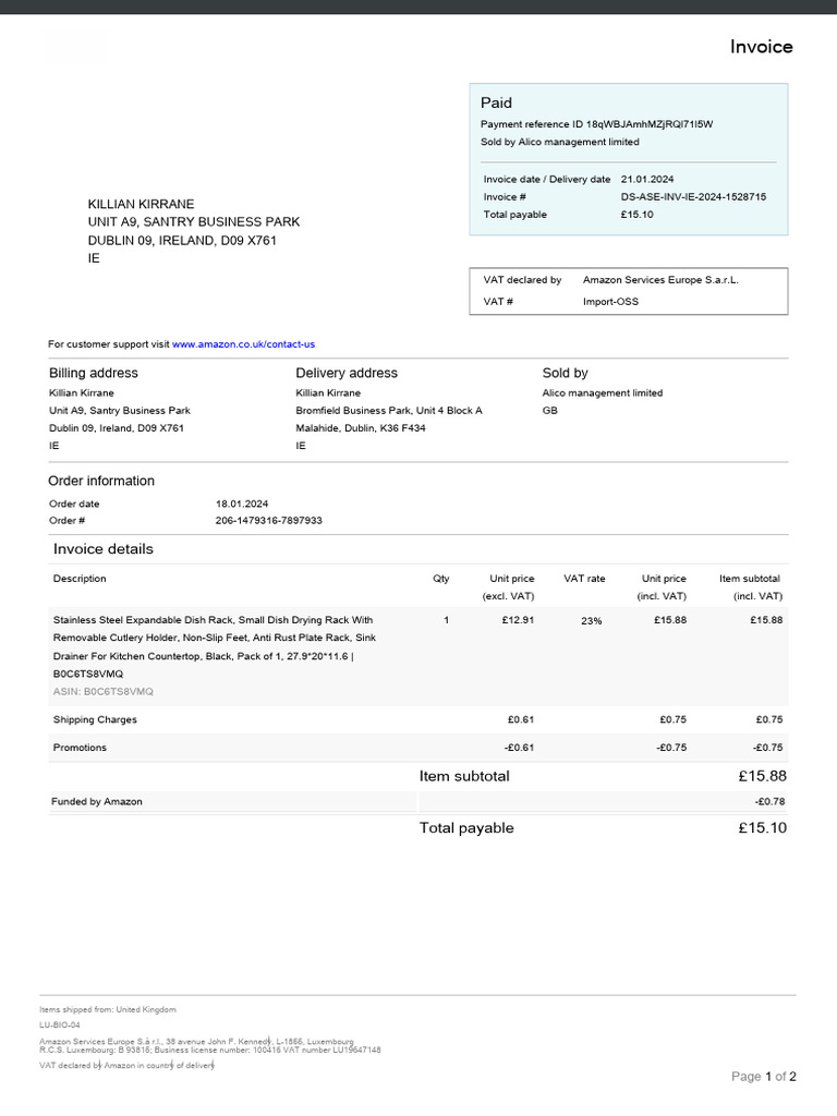 Invoice: Killian Kirrane Unit A9, Santry Business Park Dublin 09 ...