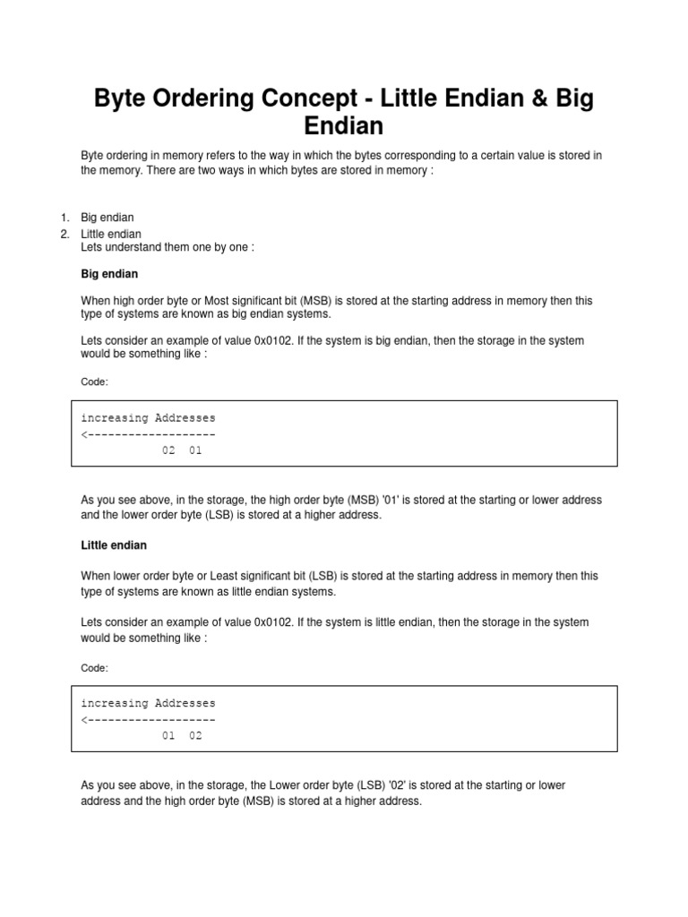 Byte Ordering Concept Little Endian Big Endian Pdf Computer Networking Computing