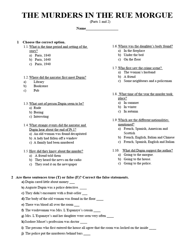 Comprehension Questions for Dupin's Case | PDF | C. Auguste Dupin | The ...