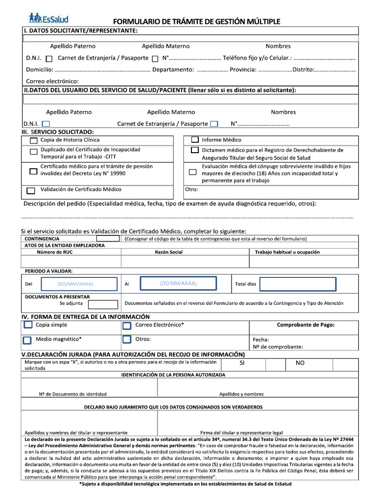 Formulario Tramite Multiple - Essalud | PDF