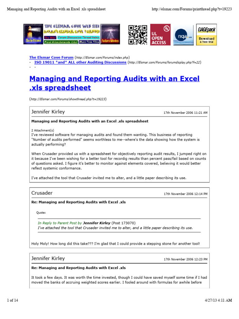 Managing and Reporting Audits With An Excel .Xls Spreadsheet | PDF ...