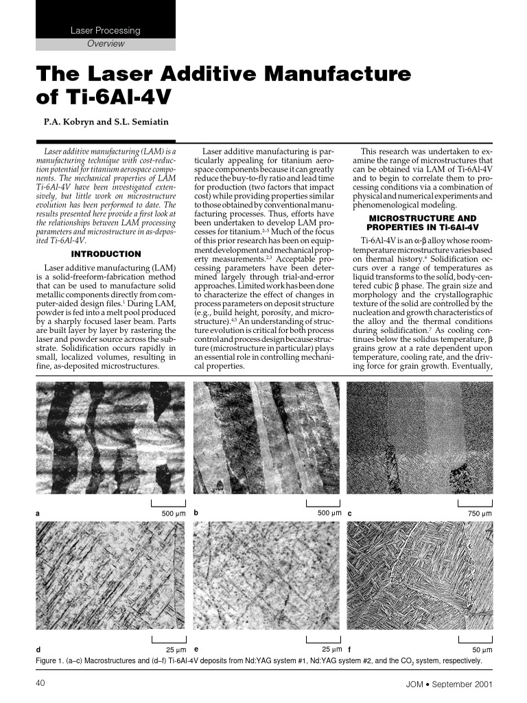 The Laser Additive Manufacture of Ti-6Al-4V: P.A. Kobryn and S.L. Semiatin | PDF ...