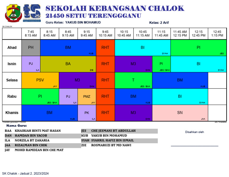 Jadual Waktu Kelas 2 Arif | PDF