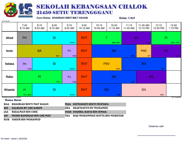 Jadual Waktu Kelas 3 Arif | PDF
