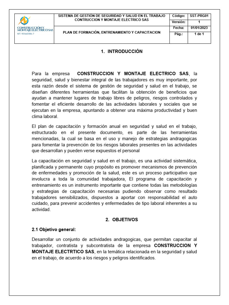 SST-PRG-01 Programa de Capacitacion y Entrenamiento El Madrigal | PDF | Crecimiento personal y ...