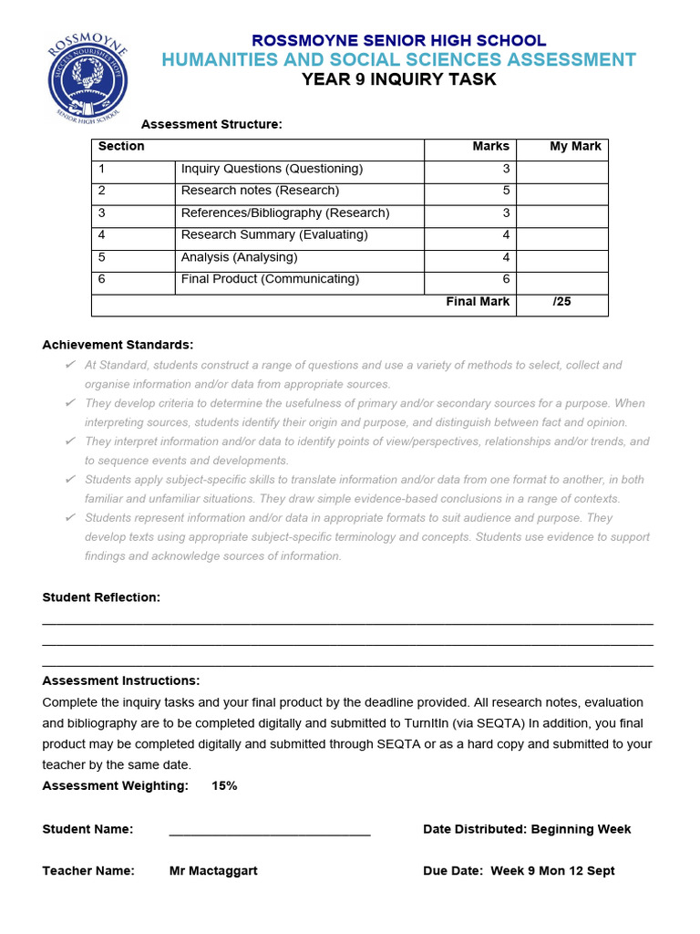 Year 9 Geography Mainstream Inquiry 2022 | PDF