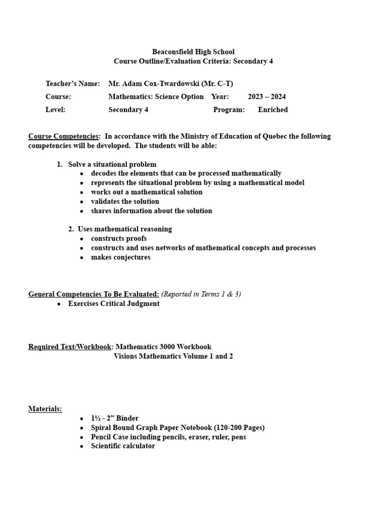 Sec 4 Math BHS Course Outline | PDF | Mathematics | Science