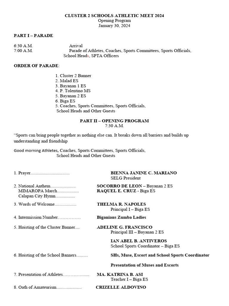 Cluster 2 ATHLETIC MEET Program 2024 | PDF | Sports