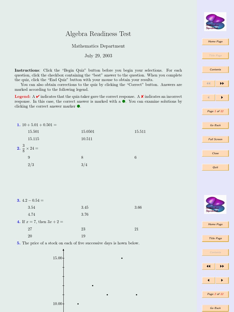 Algebra Readiness Test: Mathematics Department July 29, 2003 | PDF ...