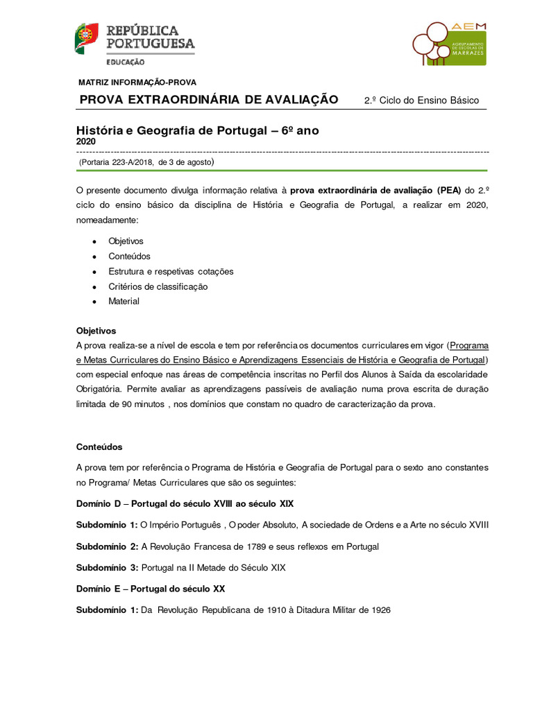 2020 - Informacao Prova PEA - HGP - 6º Ano | PDF | Portugal | República