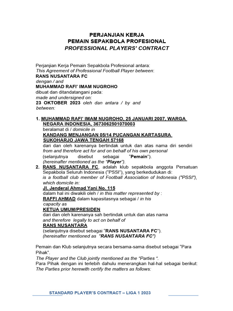 Surat Kontrak Rans Nusantara FC | PDF
