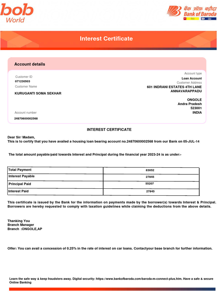 BOB Interest Certificate | PDF | Loans | Interest