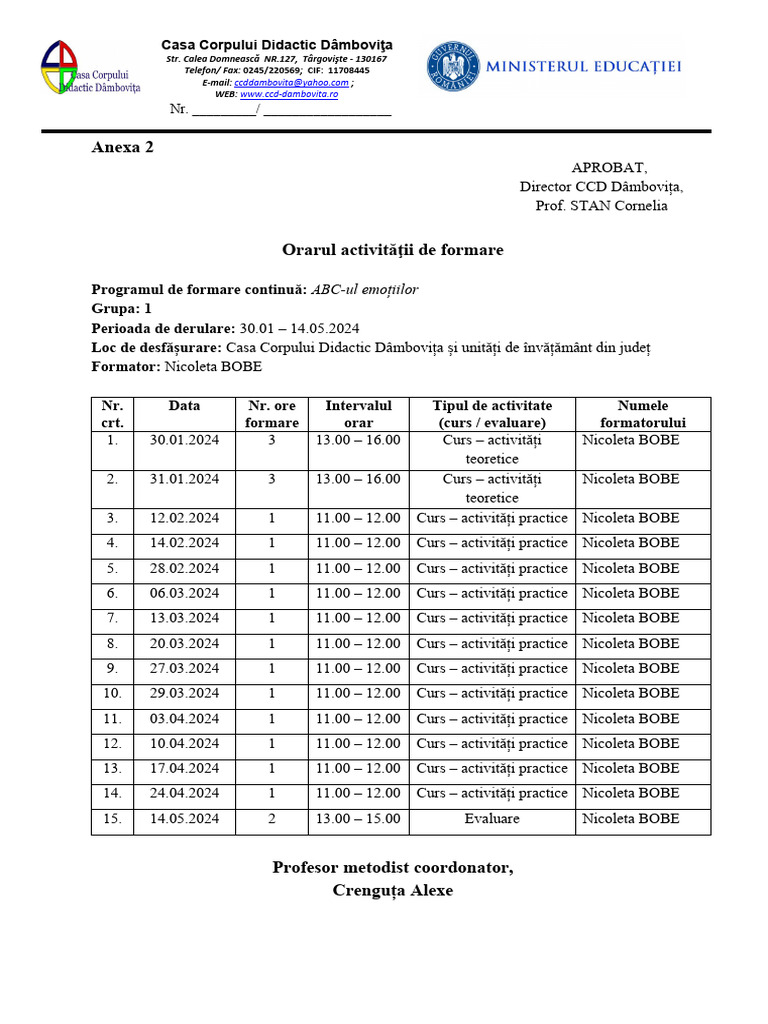 Anexa 2 Orar ABC-ul Emotiilor 2024 | PDF