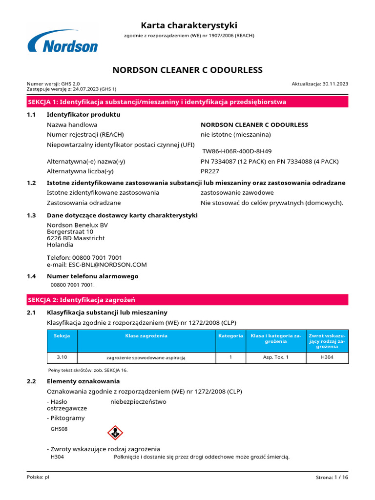 Nordson Cleaner C Odorless SDS PL | PDF