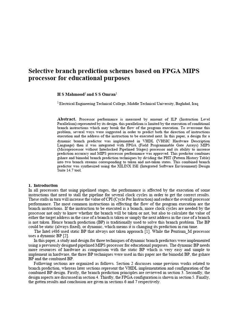 Selective Branch Prediction Schemes Based On FPGA MIPS Processor For Educational Purposes | PDF ...
