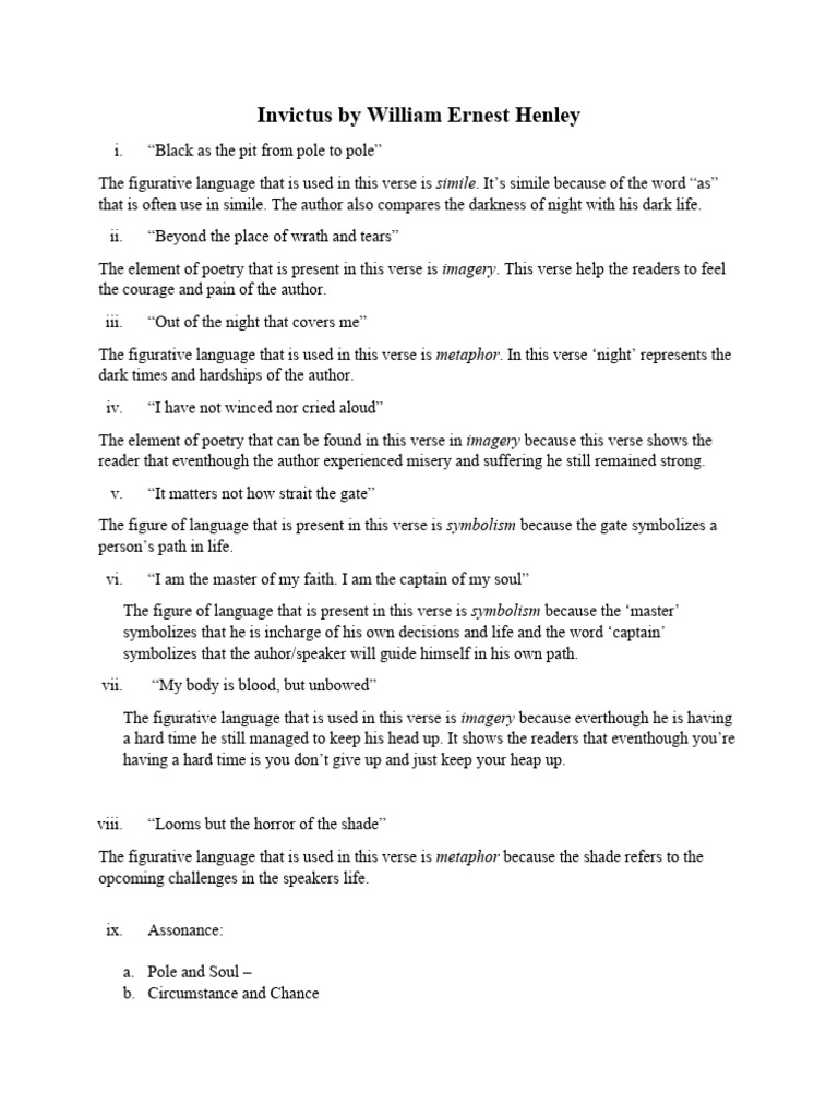 Invictus: Analysis and Figurative Language | PDF | Language Arts ...