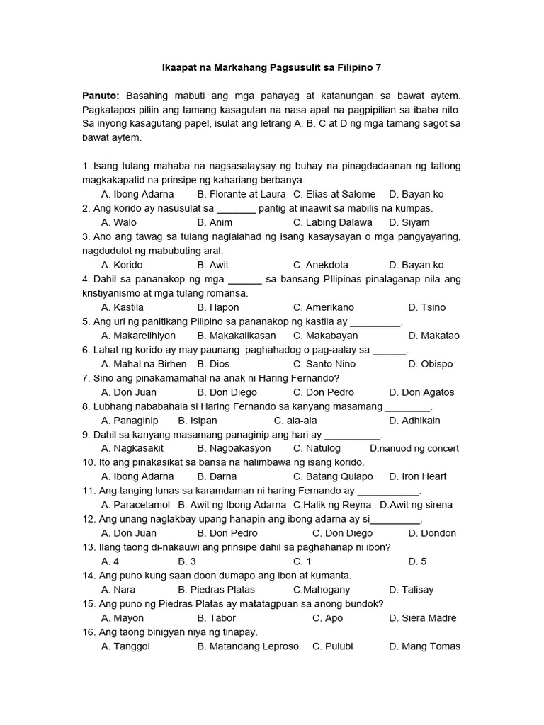 Ikaapat Na Markahang Pagsusulit Sa Filipino 7 | PDF