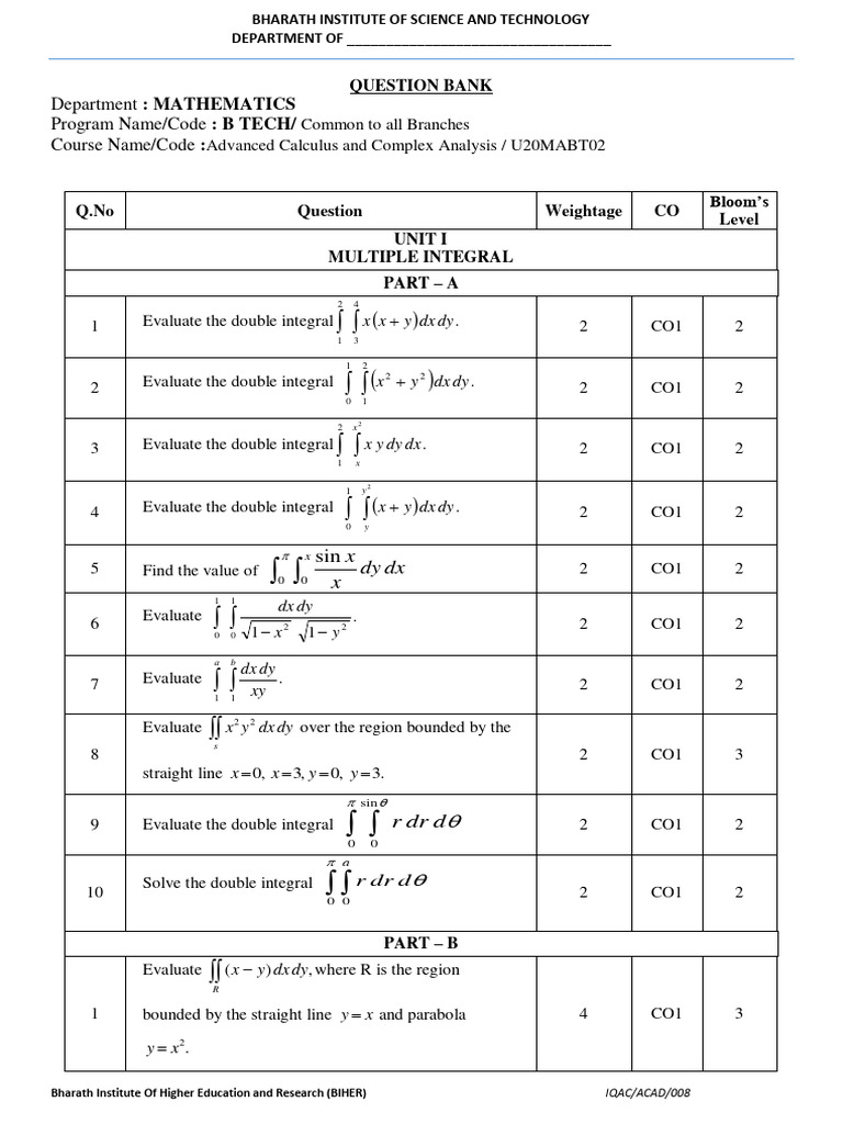 Question Bank - R 2020 - U20MABT02 - Advanced Calculus and Complex Analysis | PDF | Integral ...