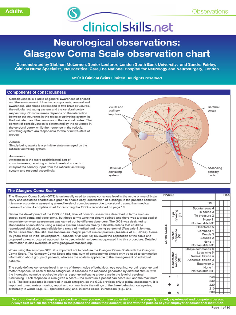 Neurological Observations: Glasgow Coma Scale Observation Chart | PDF | Neuroscience | Nervous ...