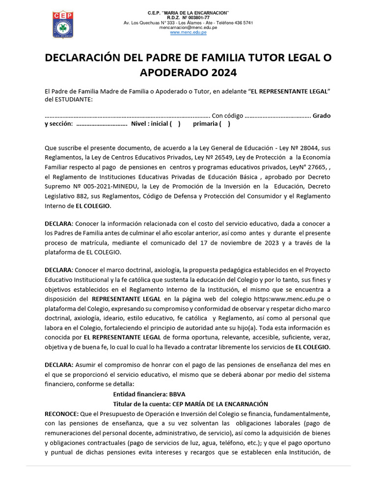 Declaración Del Padre de Familia Tutor Legal O Apoderado 2024 | PDF | Pensión | Maestros