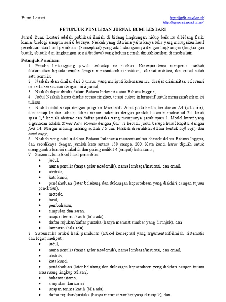 Petunjuk Penulisan Jurnal Bumi Lestari | PDF